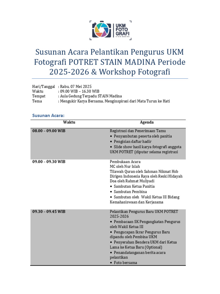 Susunan Acara Pelantikan UKM POTRET 2025-2026 | PDF