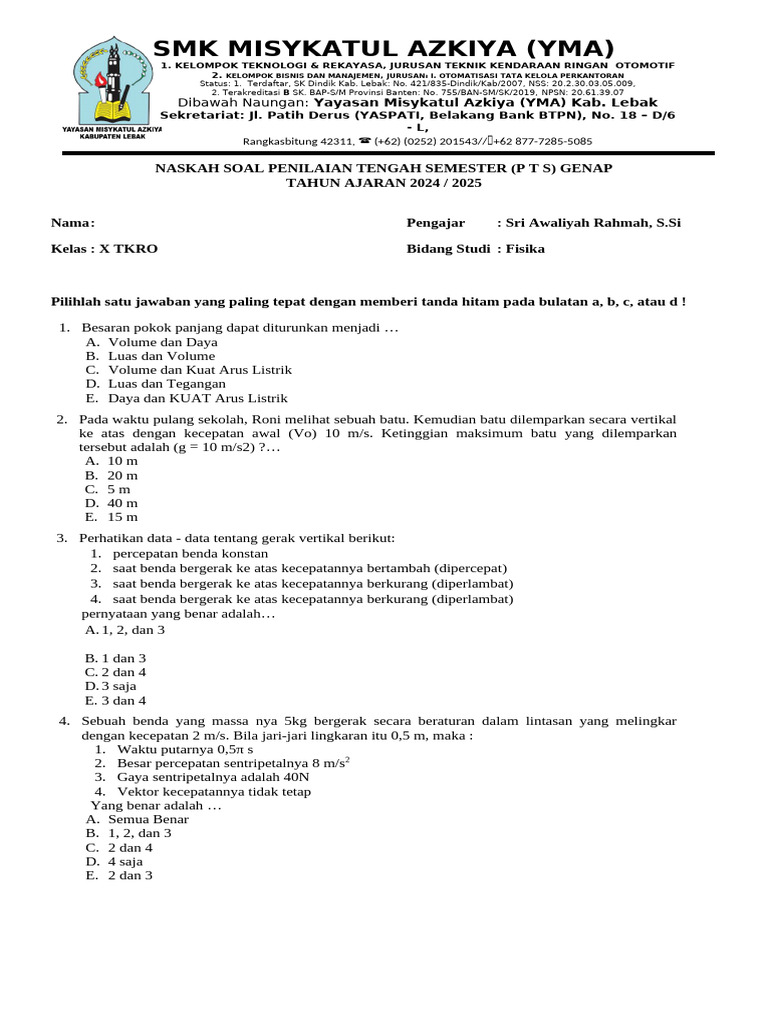 Soal PTS Fisika X Tkro Genap 2024-2025 | PDF