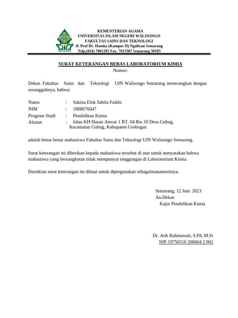 Surat Keterangan Bebas Lab Sakina Elok S.F | PDF