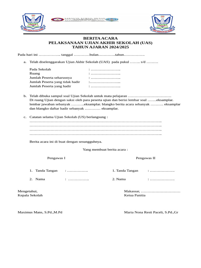 Berita Acara Pelaksanaan Ujian Sekolah | PDF
