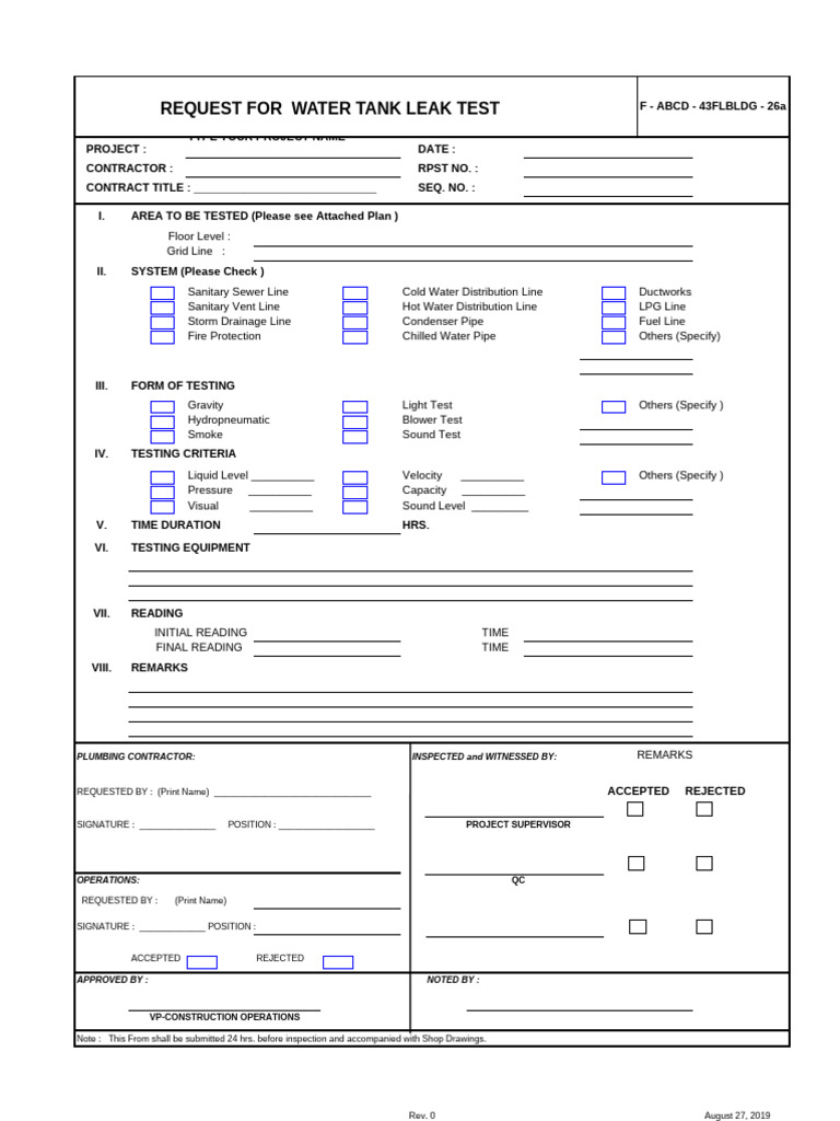 26a-Request For Water Tank Leak Test | PDF | Home Appliance ...