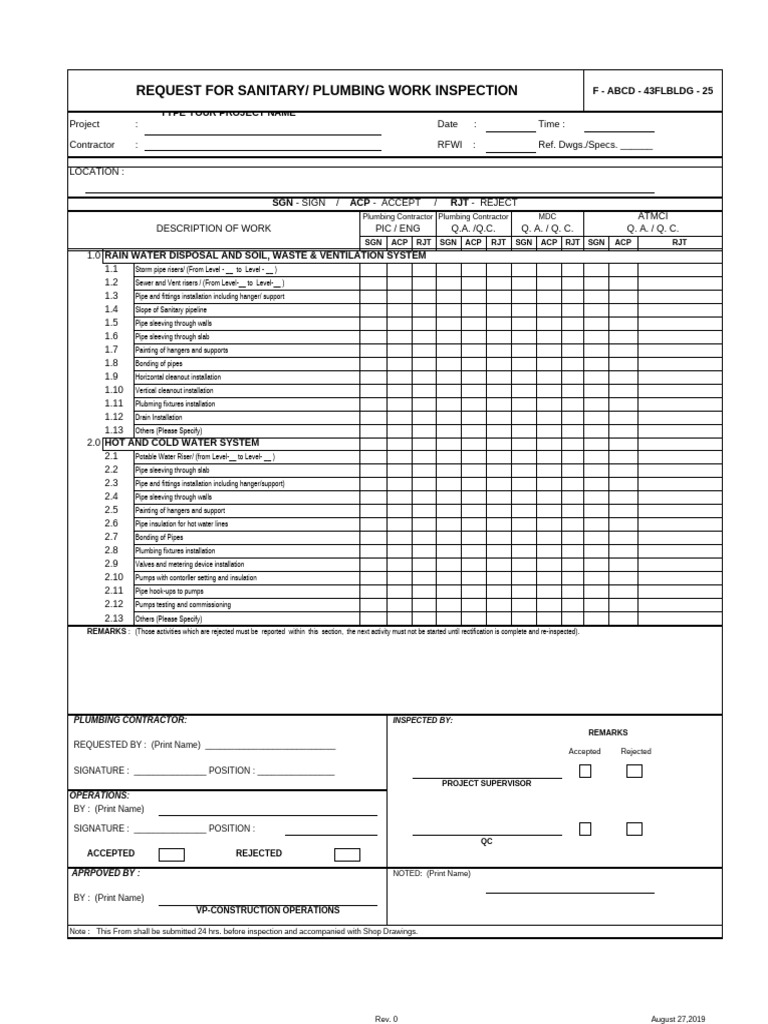 25-Request For Sanitary Plumbing Work Inspection | PDF | Plumbing ...