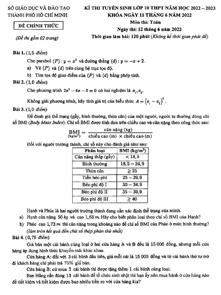 De Tuyen Sinh Lop 10 THPT Mon Toan Nam 2022 2023 So GDDT TP Ho Chi Minh 1 2 | PDF