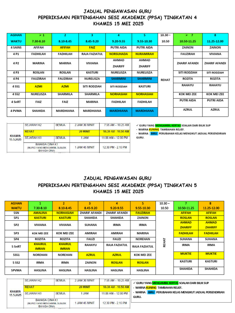 Jadual Pengawasan Guru Khamis 15 Mei 2025 | PDF