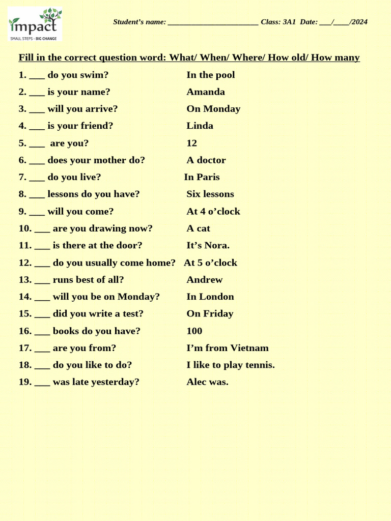 Grade 3 - ENglish Question-Words | PDF