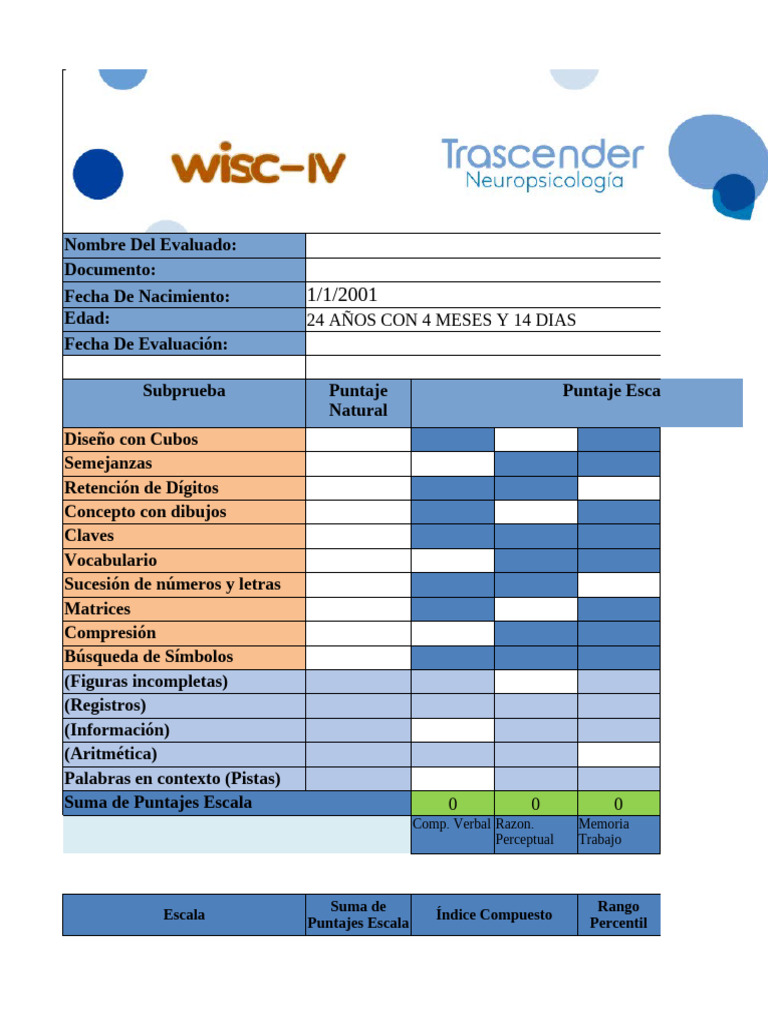 WISC IV PROTOCOLO | PDF | Cognición