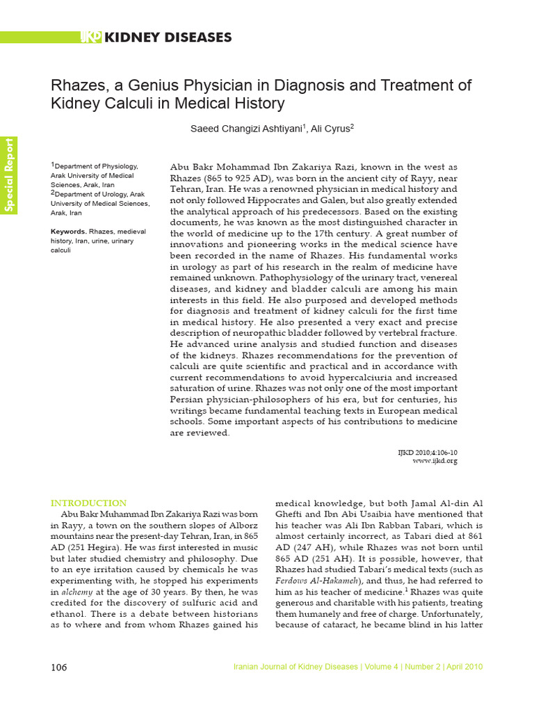 Ashtiyani - Rhazes, A Genius Physician in The Diagnosis of Kidney ...