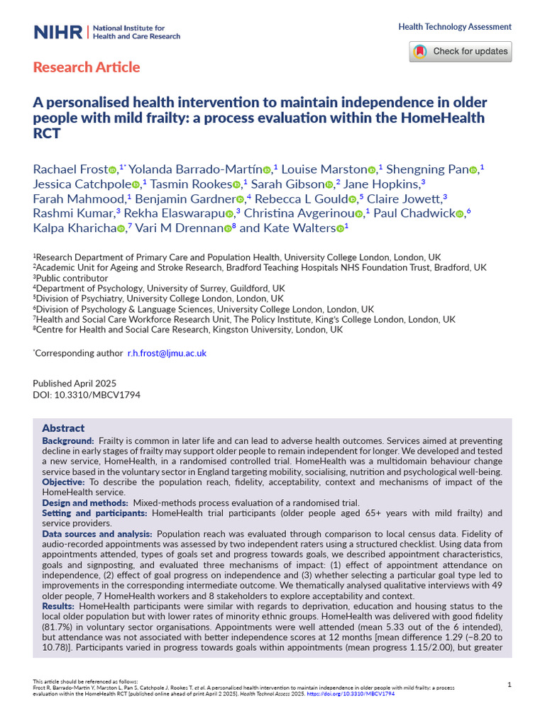 A Personalised Health Intervention To Maintain Independence in Older ...