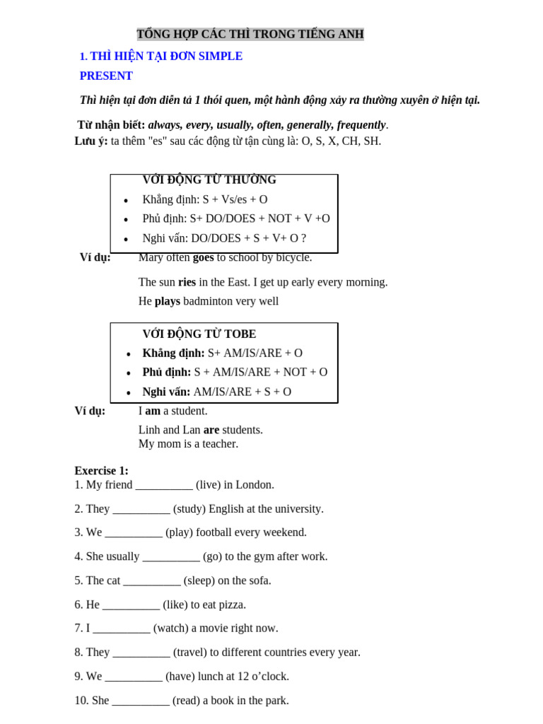 Tong Hop Cac Thi Trong Tieng Anh Cong Thuc Cach Su Dung Dau Hieu Nhan Biet | PDF