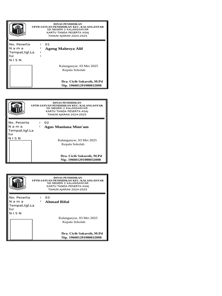 Kartu Tanda Peserta Us Dan Pengawas | PDF