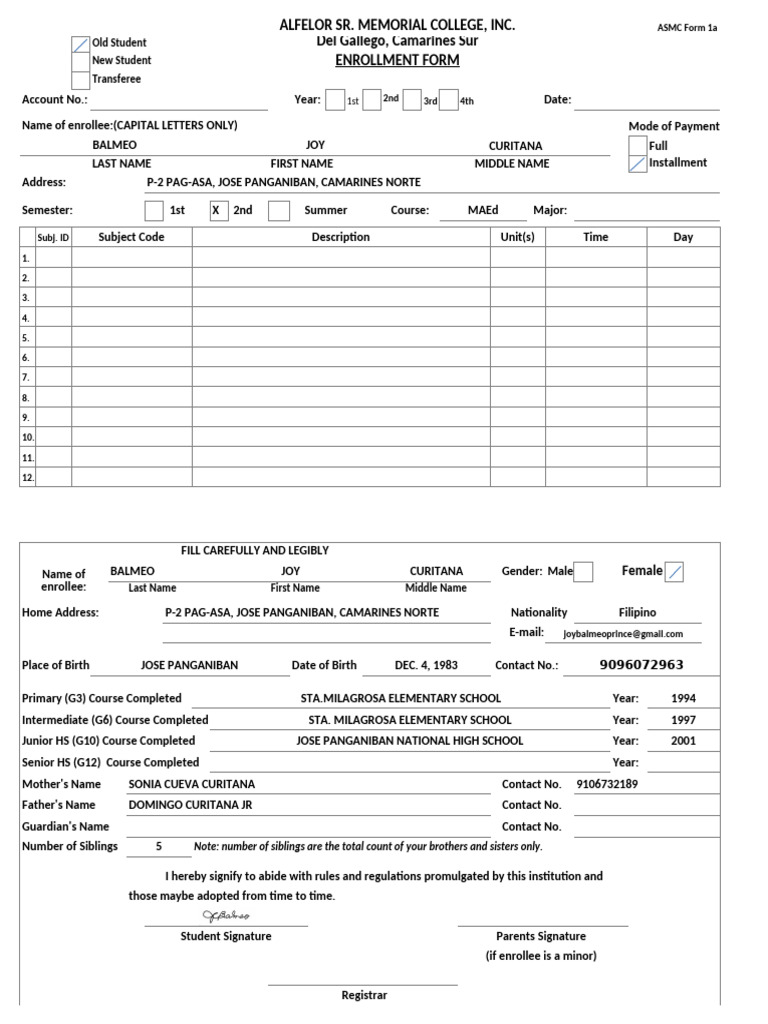2nd Sem 2024 2025 Enrollment Form | PDF