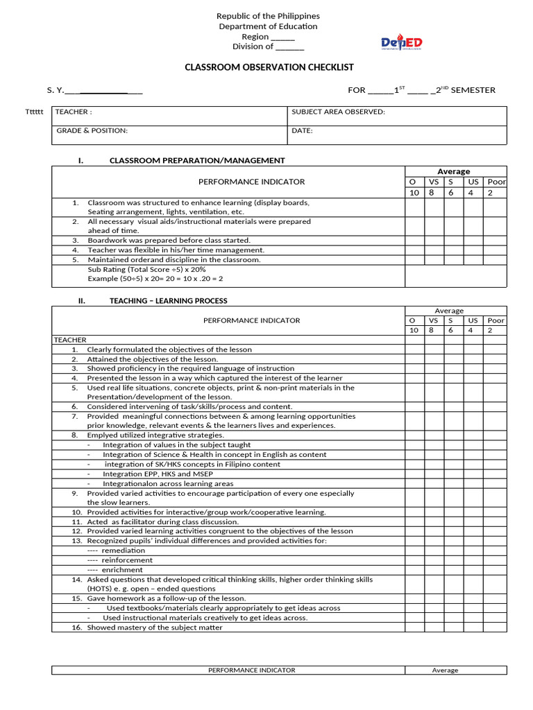 Classroom Observation Checklist Template | PDF | Learning | Teachers