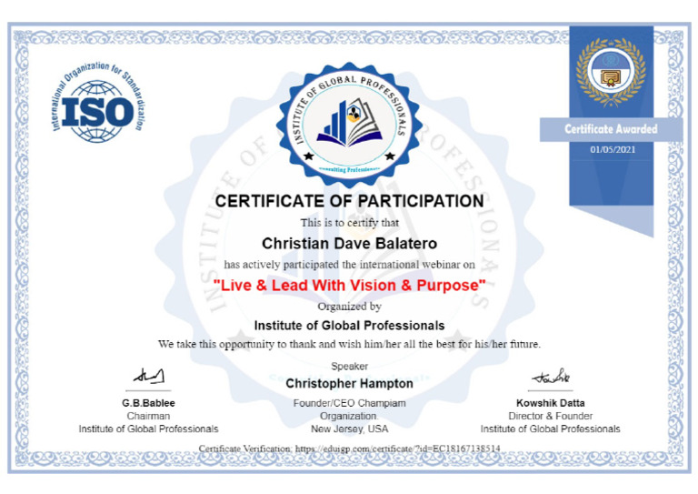 Balatero - Certificate - IGP LIVE LEAD WITH VISION AND PURPOSE | PDF