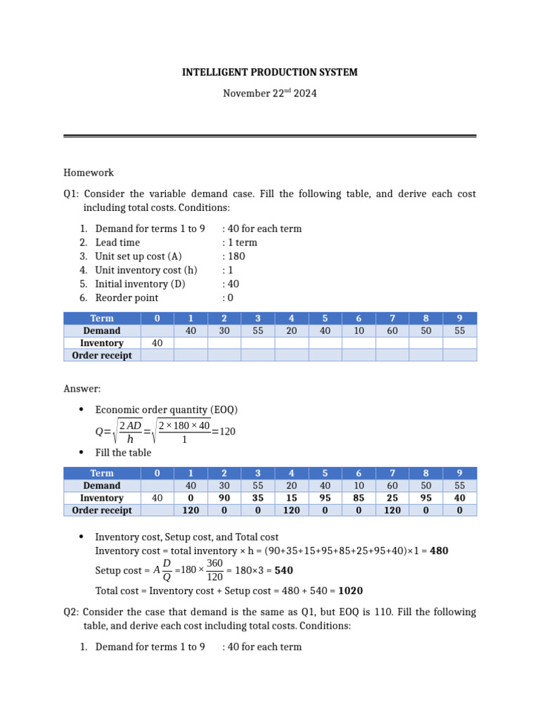 INTELLIGENT PRODUCTION SYSTEM Homework 1 | PDF | Business Economics ...