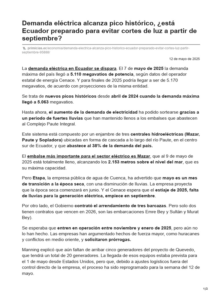 Primicias - Ec-Demanda Eléctrica Alcanza Pico Histórico Está Ecuador ...