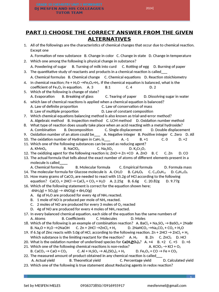 Chemistry g-10 Unit-1 Worksheet | PDF | Chemical Reactions | Redox