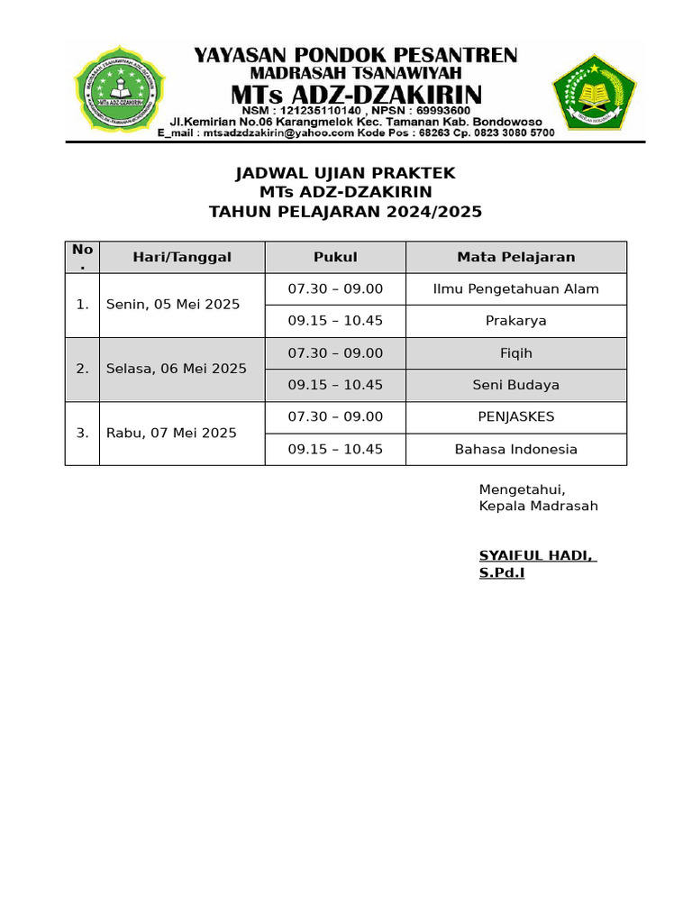 Jadwal Ujian Praktek 2024-2025 | PDF