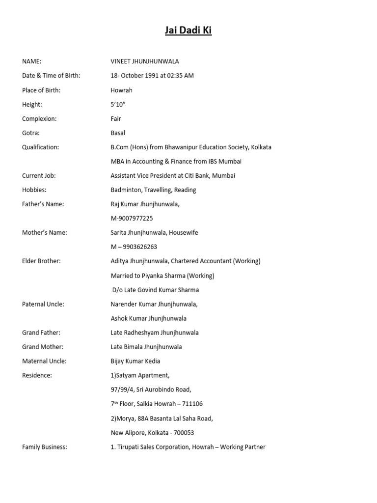 Vineet Jhunjhunwala Biodata | PDF