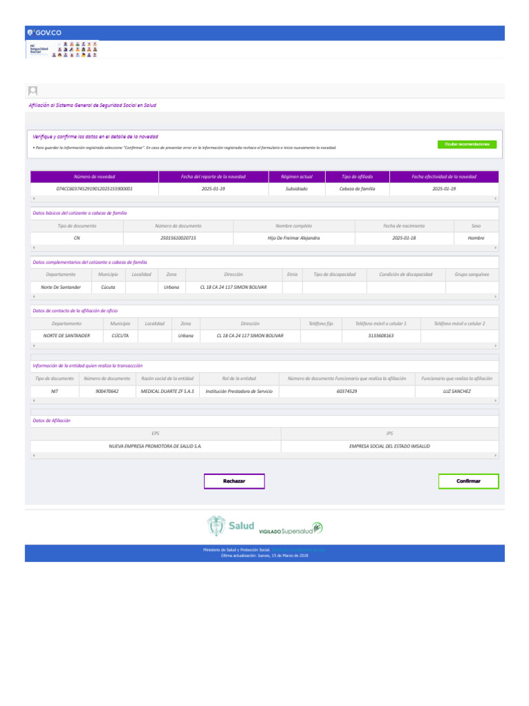 Afiliacion Sat RN de Freimar Alejandra Carrillo Rebolledo | PDF