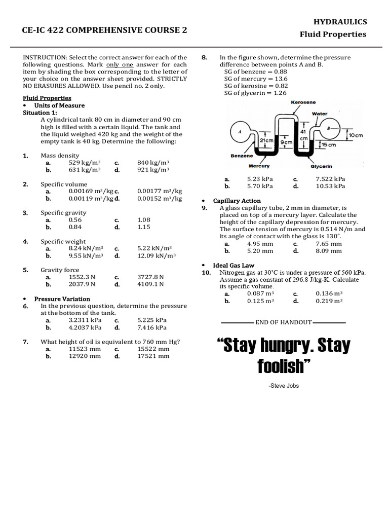 Week 2 Fluid Properties Handout | PDF | Pressure | Physical Phenomena