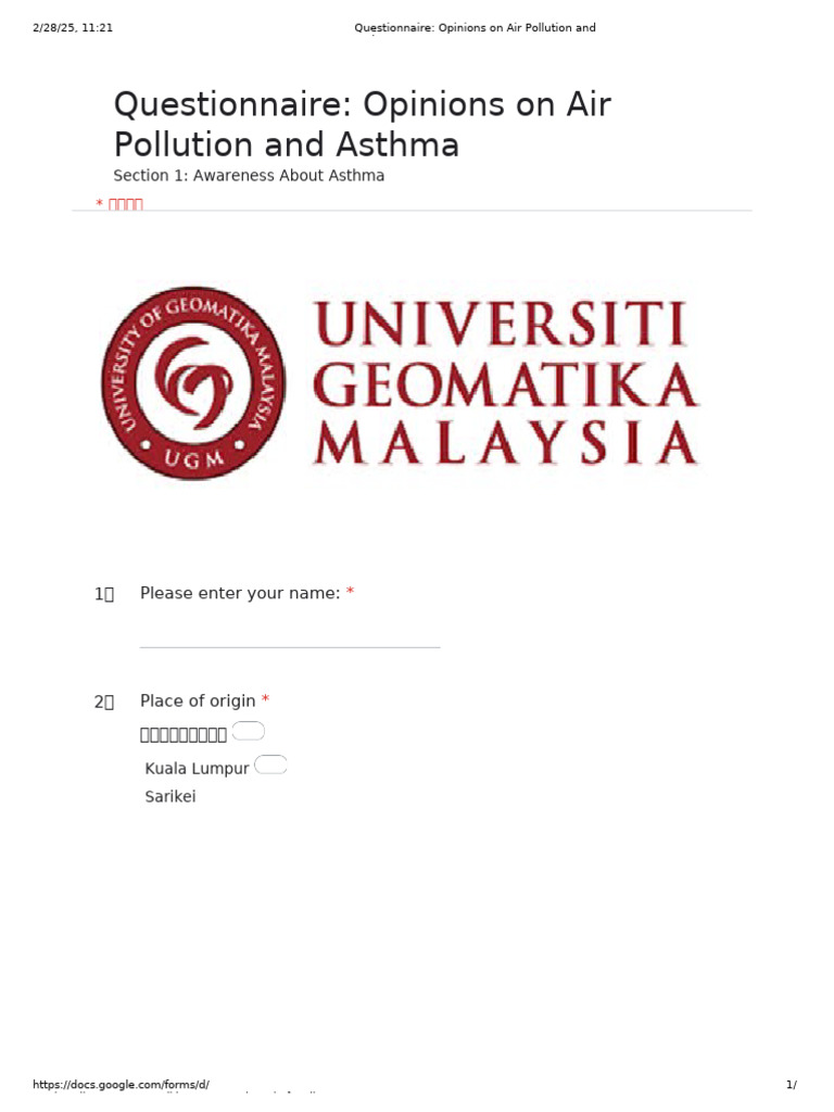 Opinions On Air Pollution and Asthma - Questionnaire | PDF ...