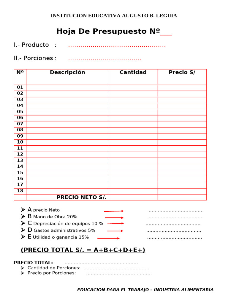 Hoja de Presupuesto Ept- Industria Alimentaria | PDF