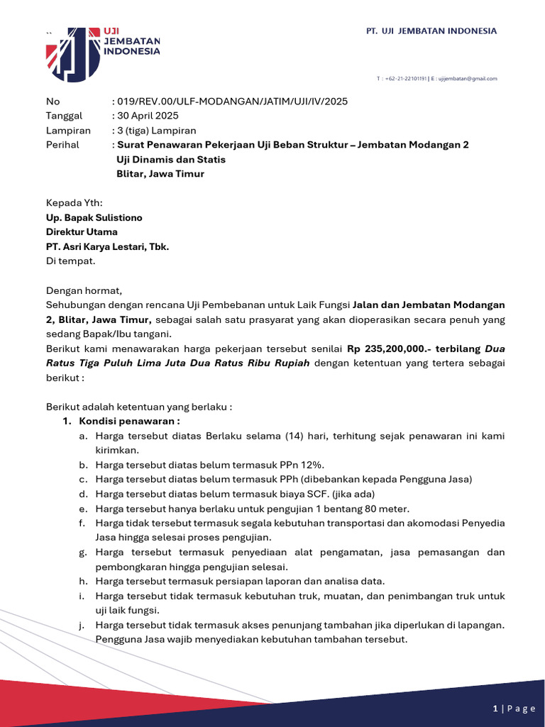 Surat Penawaran Uji Beban - Jembatan Modangan - Blitar | PDF