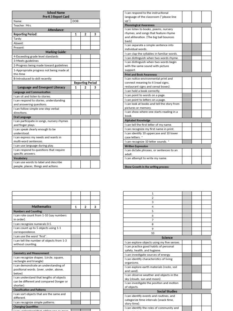 Pre-K 3 Report Card Template | PDF | Linguistics | Human Communication