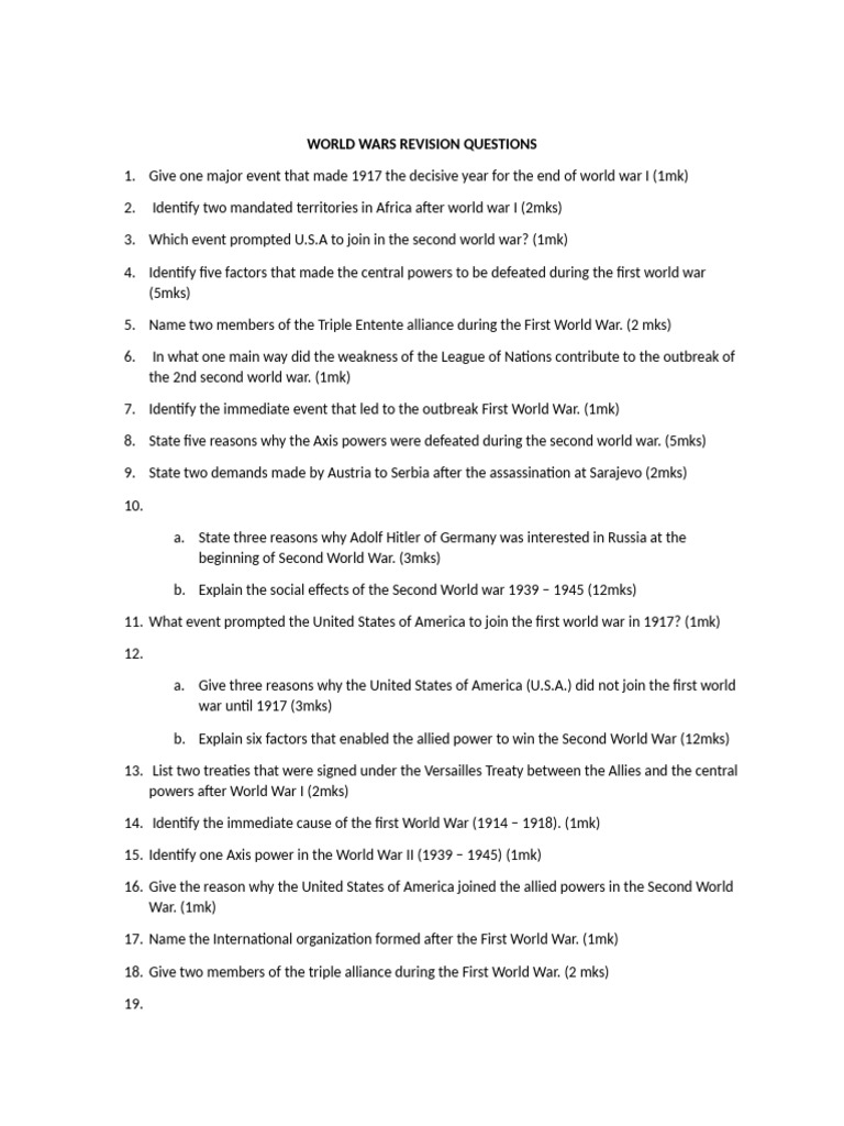 World Wars Revision Questions Guide | PDF | World War I | World War II