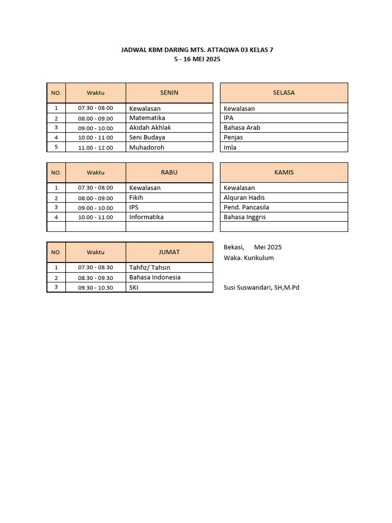 Jadwal KBM Daring MTS Kelas 7 | PDF
