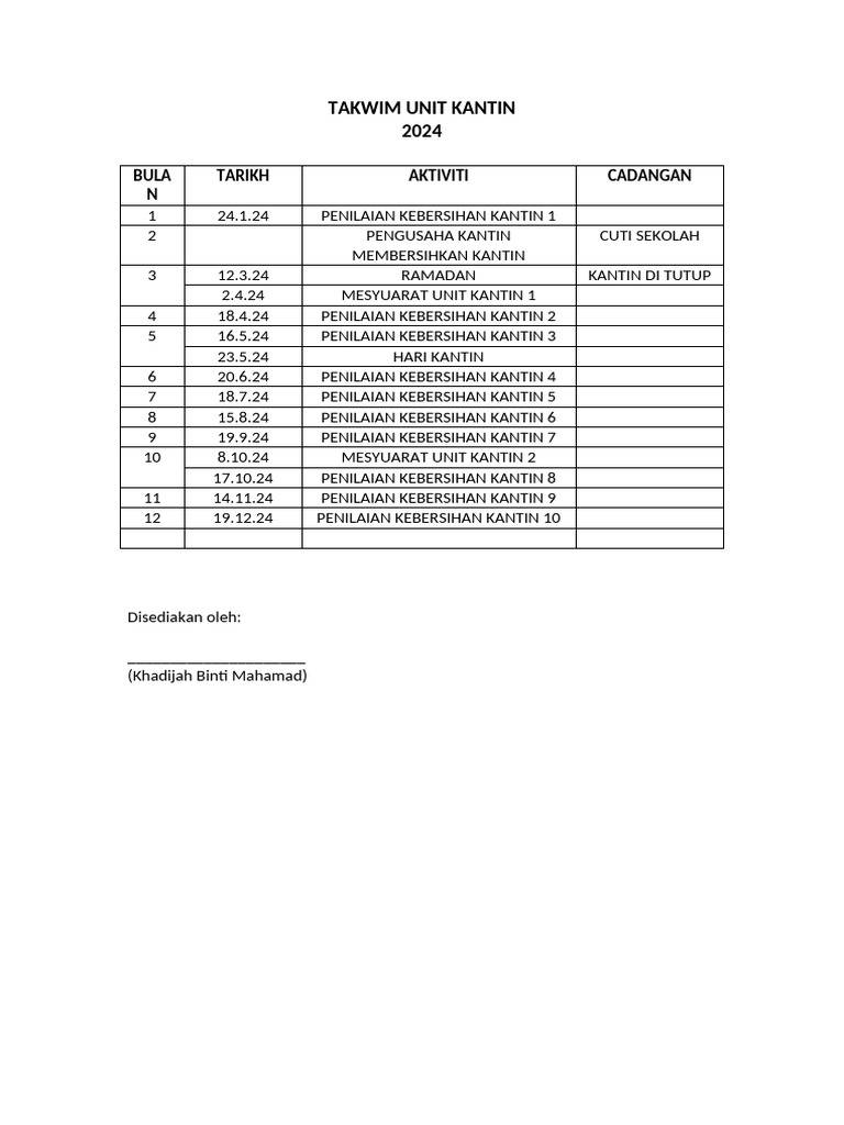 TAKWIM UNIT KANTIN 2024 semewah | PDF
