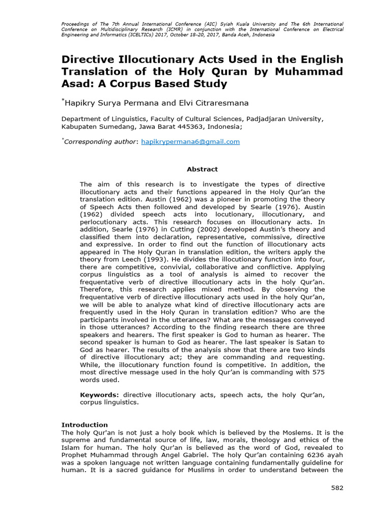 Directive Illocutionary Acts Used in The English Translation of The ...