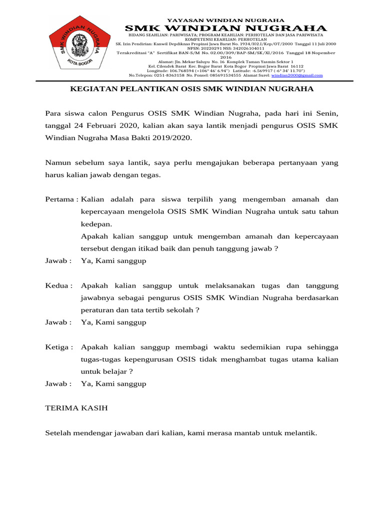 Pelantikan Pengurus OSIS SMK Windian | PDF