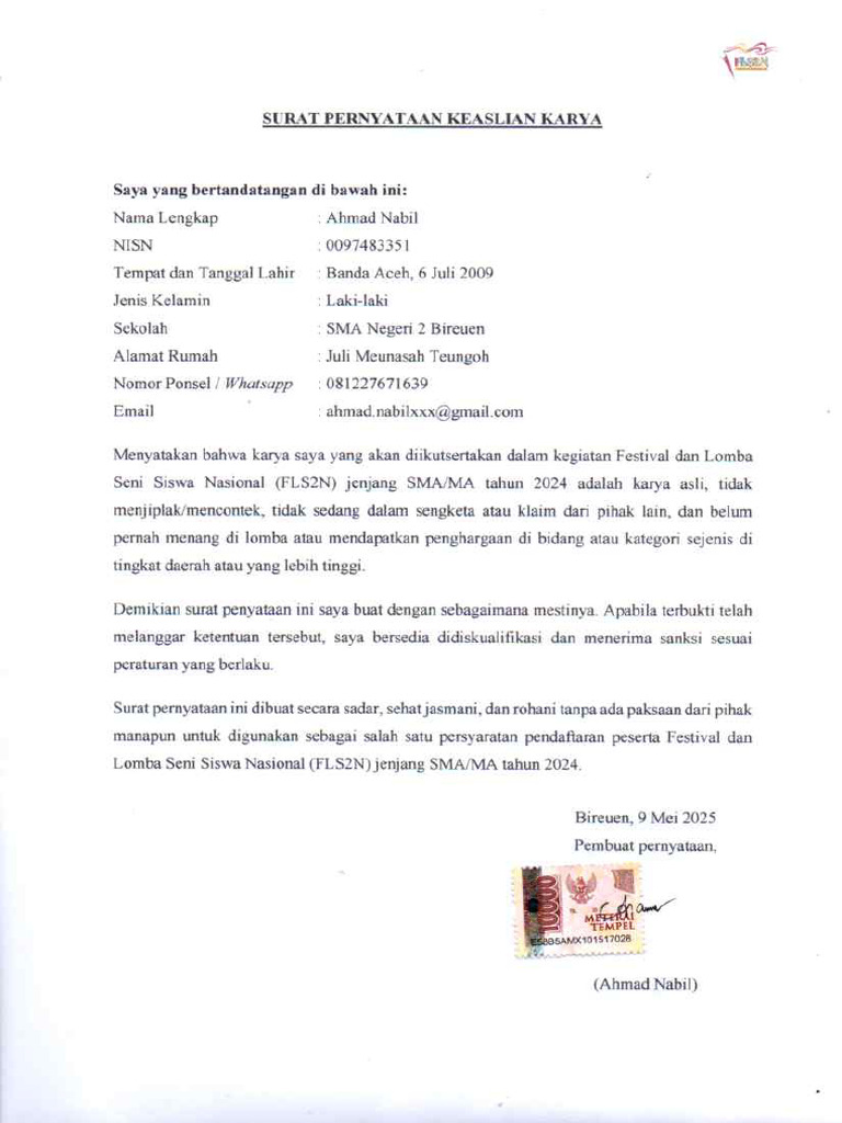 SURAT PERNYATAAN FLS2N AHMAD NABIL | PDF