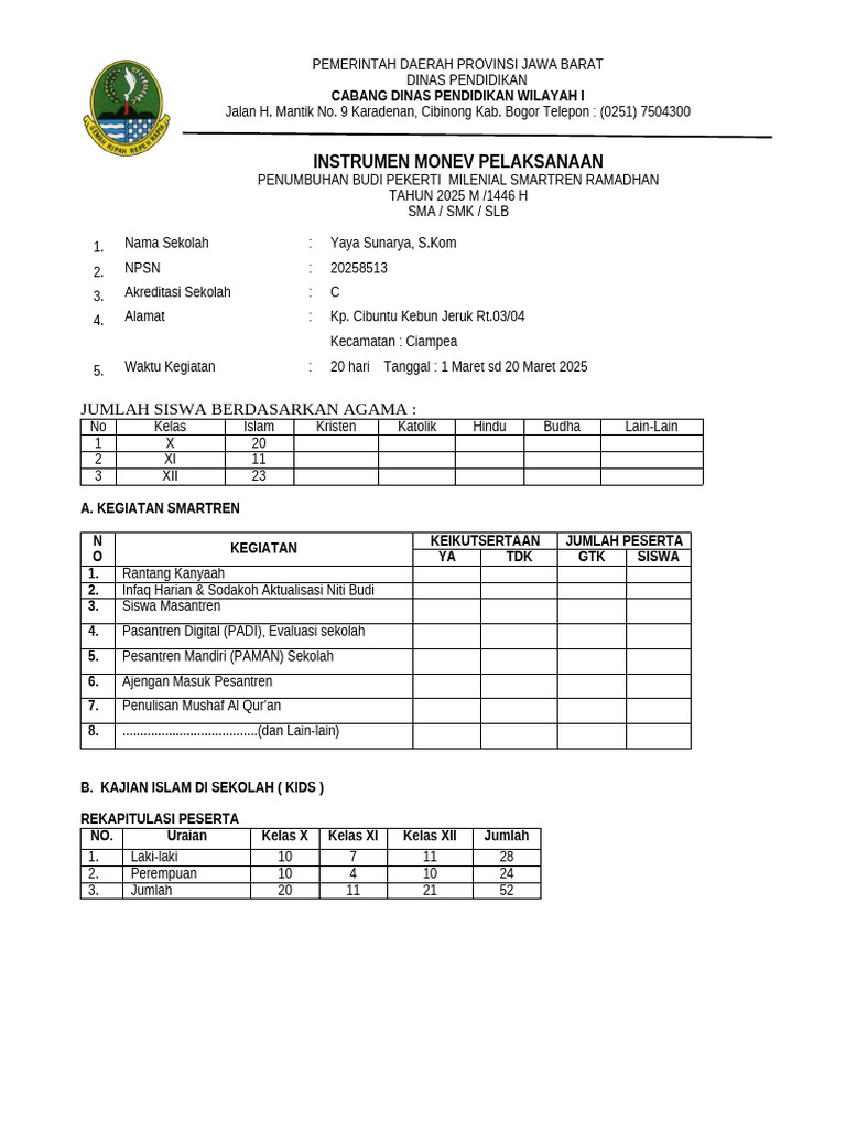 Instrumen Monev Smartren 2025 - 1446 H | PDF