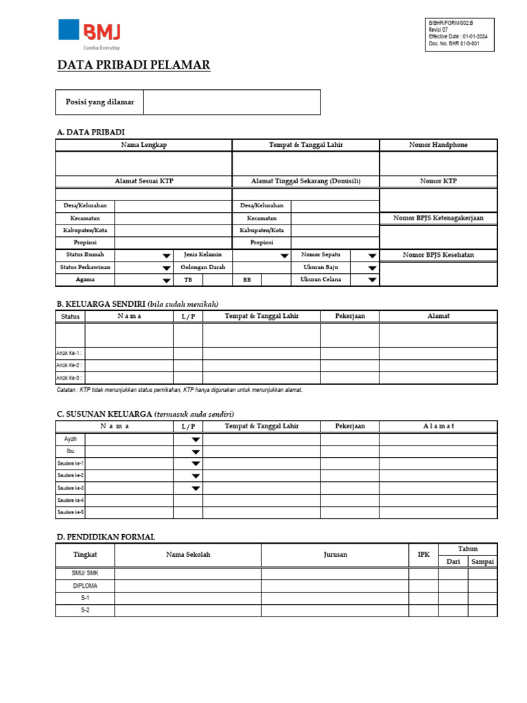 Formulir Data Pribadi Pelamar Kerja | PDF