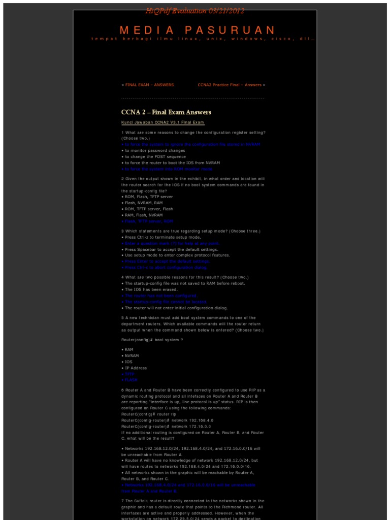 Media Pasuruan: CCNA 2 - Final Exam Answers | PDF | Router (Computing) | Routing