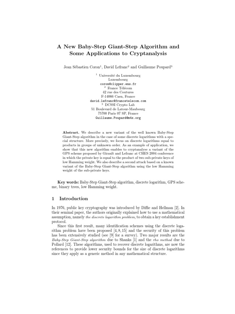 New Baby-Step Giant-Step Algorithm for Cryptanalysis | PDF ...