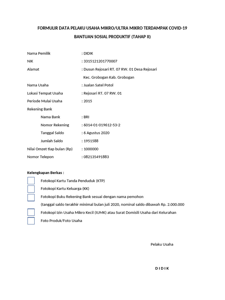 Data Pelaku Usaha Mikro Terdampak COVID-19 | PDF