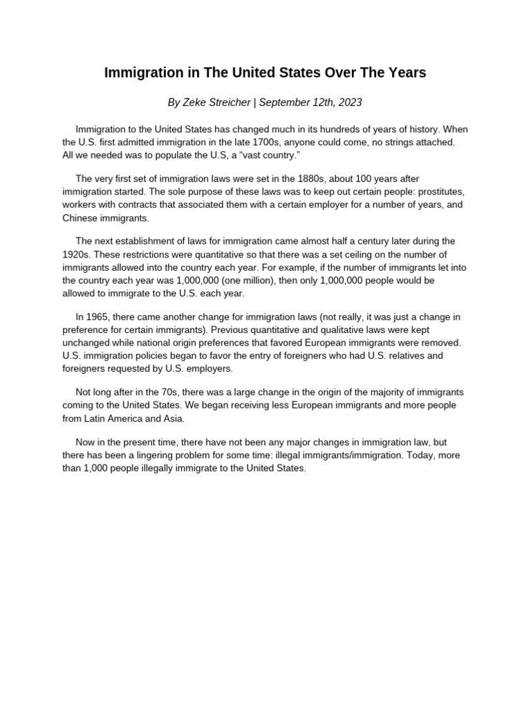 "Immigration in The United States Over The Years" Essay | PDF ...