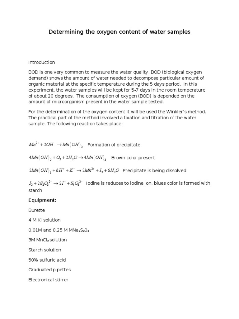 Determining The Oxygen Content of Water Samples | PDF | Titration ...