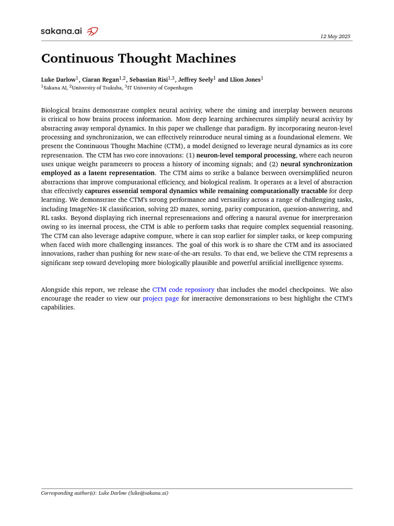 Continuous Thought Machines: Luke Darlow, Ciaran Regan, Sebastian Risi ...