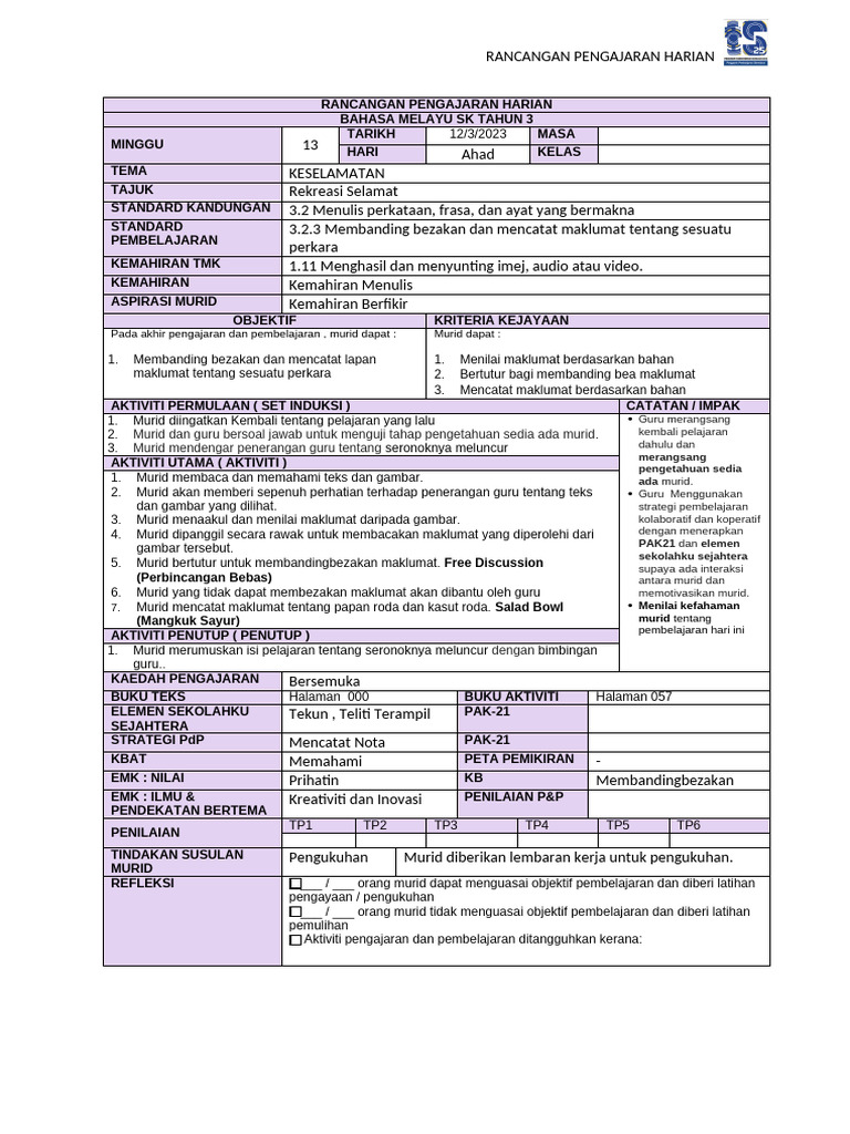 RPH MINGGU 13 BM SK THN 3 2023 BY CIKGU GORGEOUS | PDF