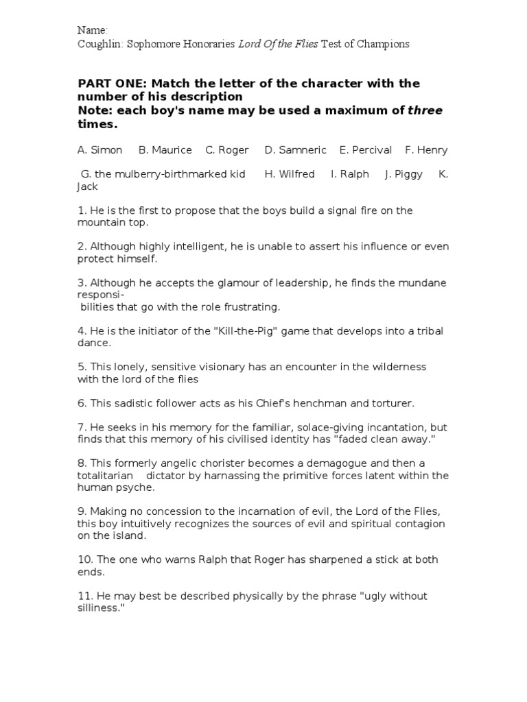 Lord of The Flies Final Test-1 | PDF | Religion And Belief