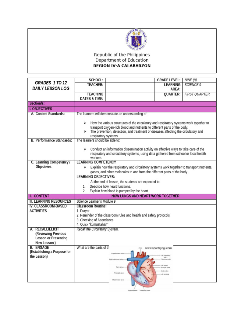 Daily Lesson Plan in Science 9 - HOW LUNGS AND HEART WORK TOGETHER ...