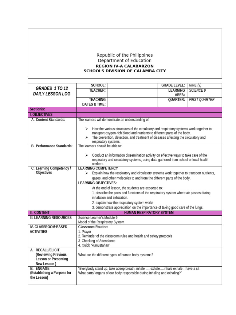 Daily Lesson Plan in Science 9 - Respiratory System | PDF | Respiratory ...