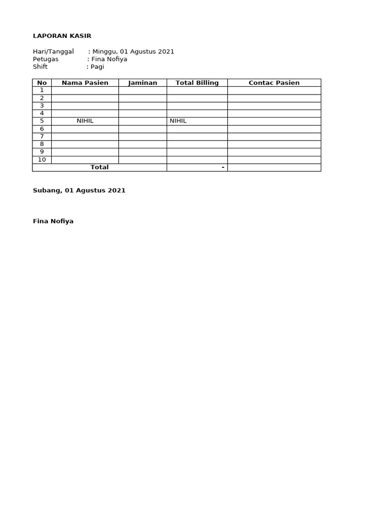 Laporan Kasir Agustus 2021 | PDF