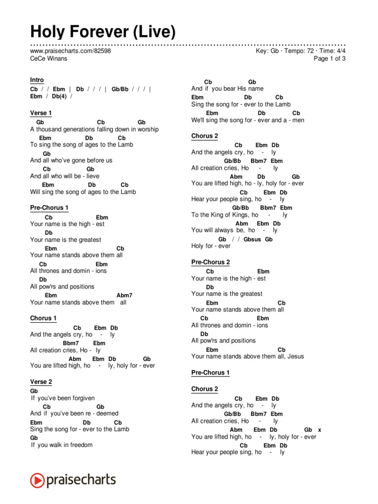 Holy Forever (Live) (CeCe Winans) Chord Chart - GB - 2 Column Layout 2 | PDF | Song Structure ...