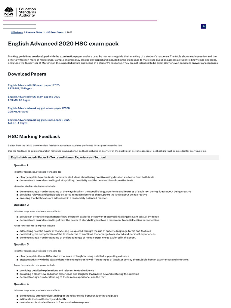 English Advanced 2020 HSC Exam Pack NSW Education Standards | PDF ...