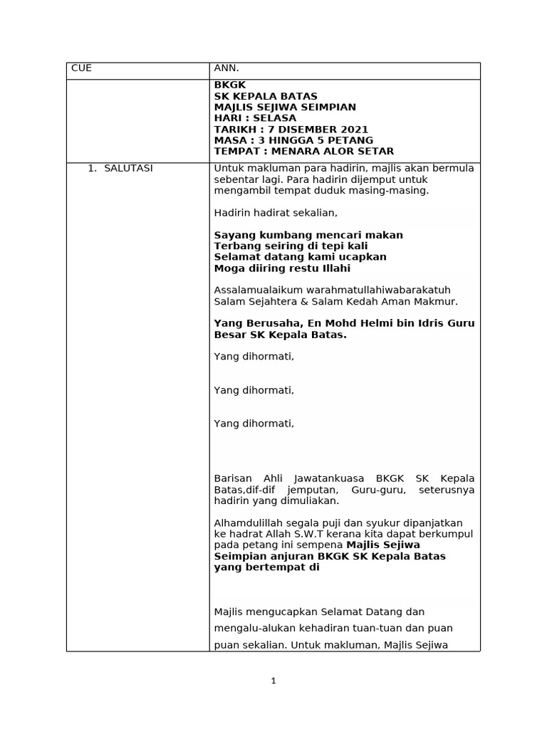 Teks Pengacara Majlis BKGK SKKB 2021 | PDF